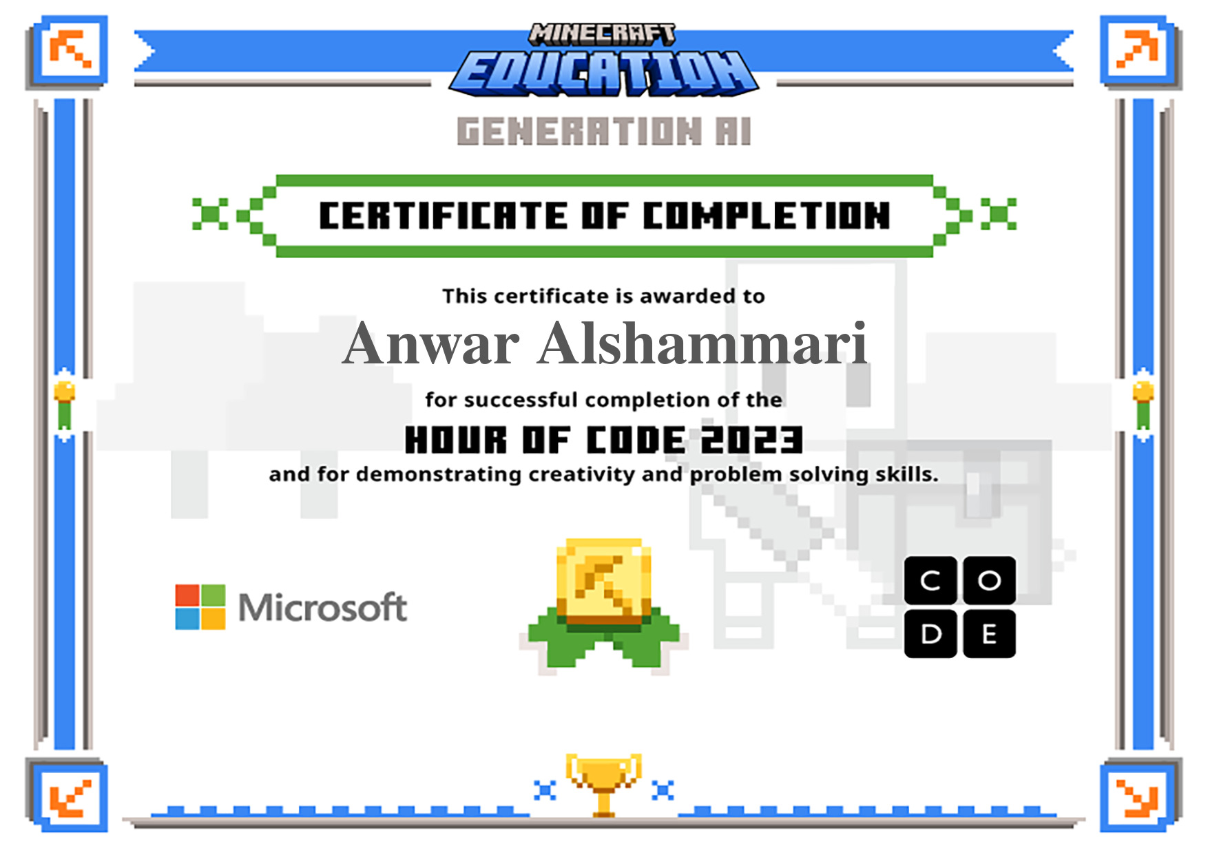 Certificate for completion of One Hour of Code - Code.org