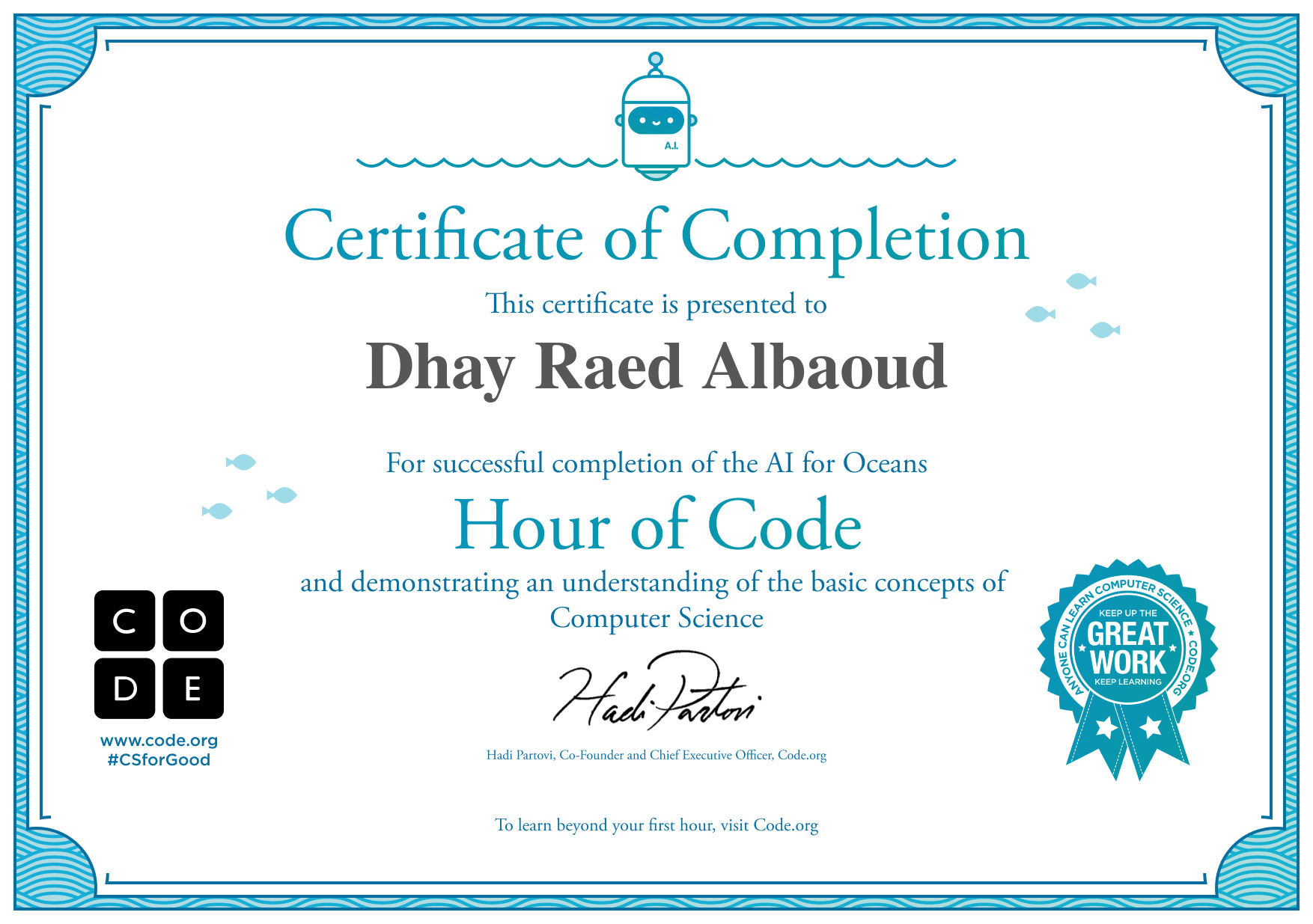 Certificate for completion of AI for Oceans - Code.org