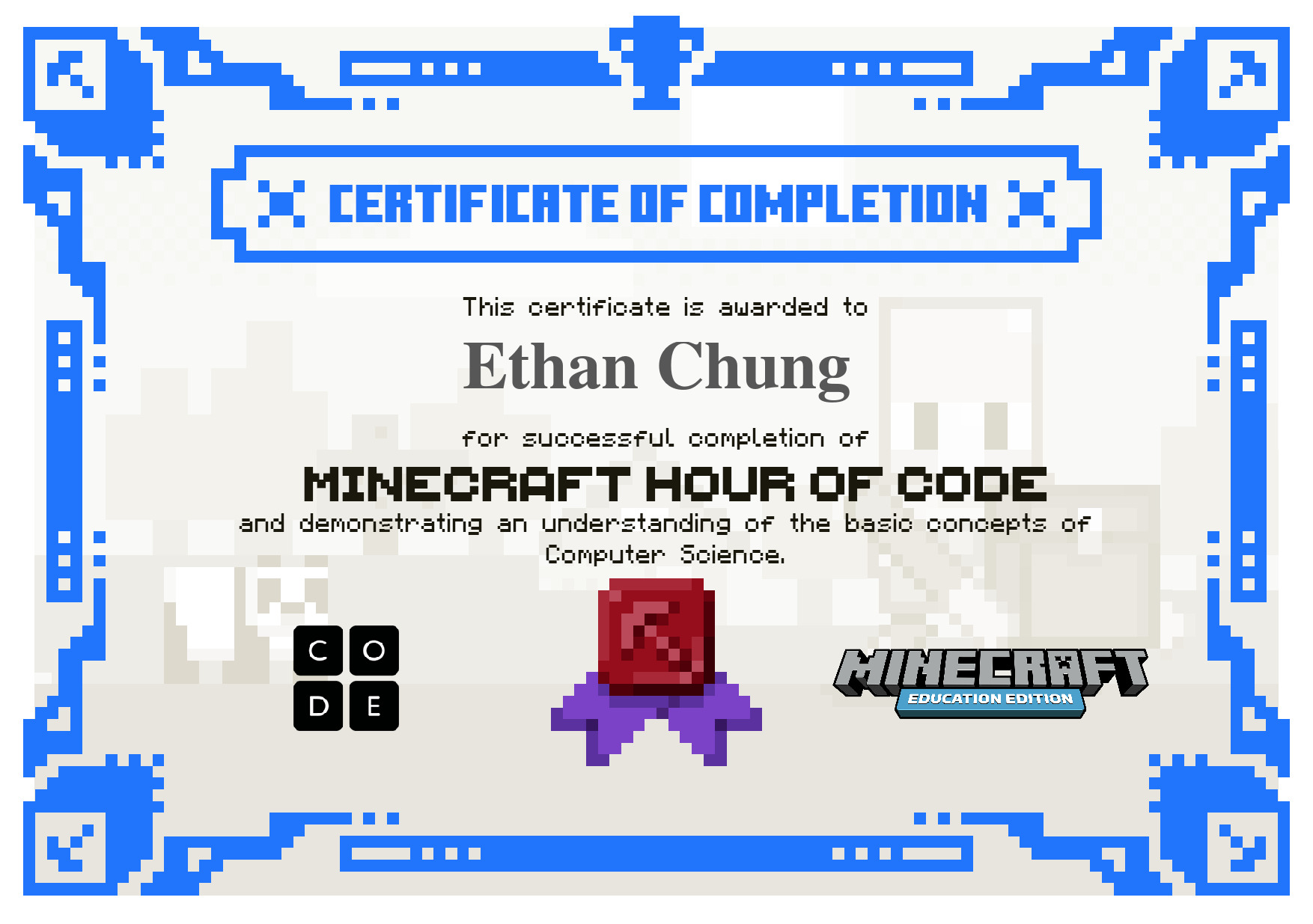 Certificate for completion of One Hour of Code - Code.org