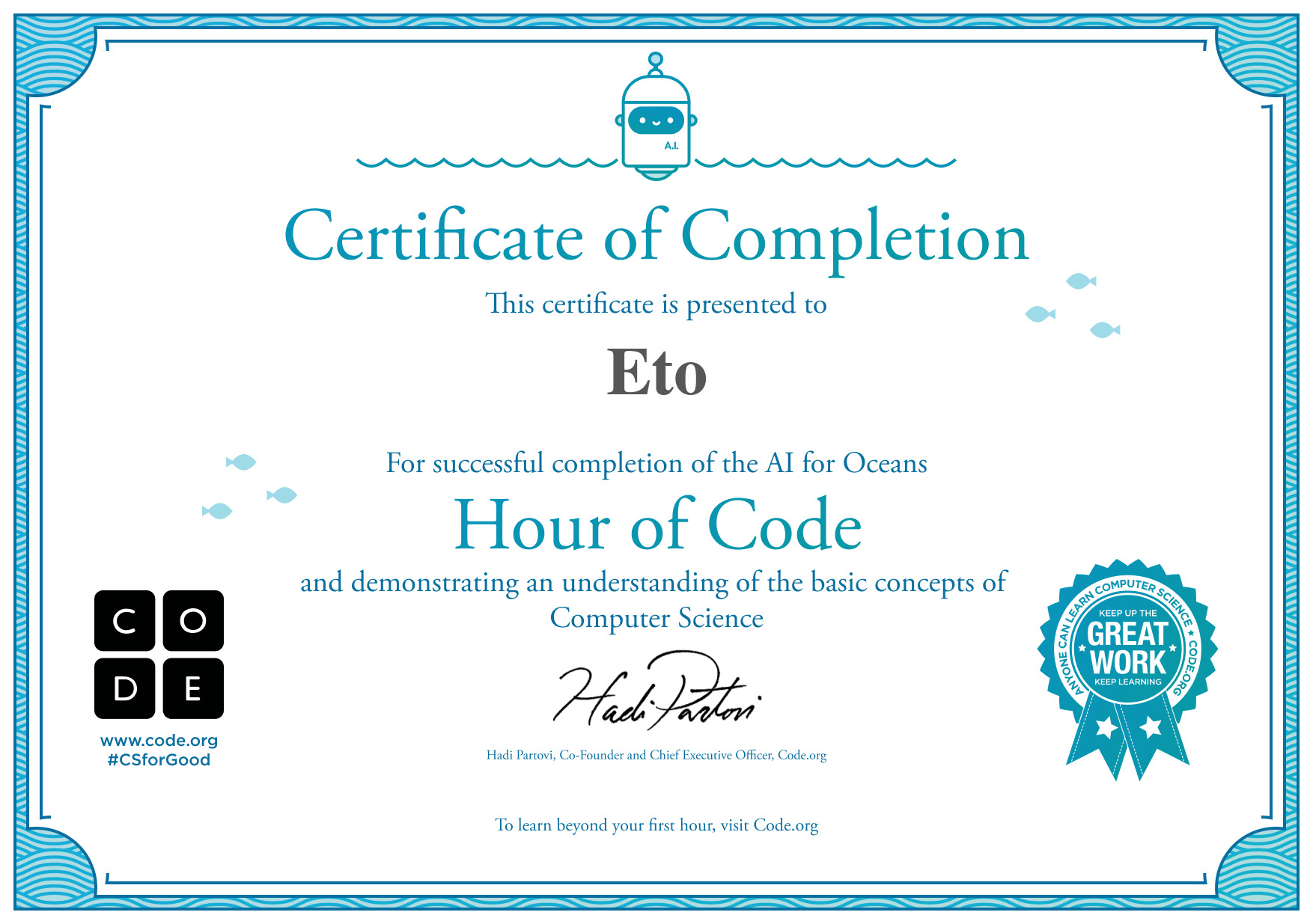 Certificate for completion of AI for Oceans - Code.org