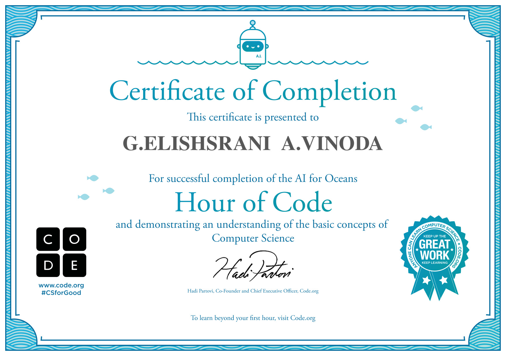 Certificate for completion of AI for Oceans - Code.org
