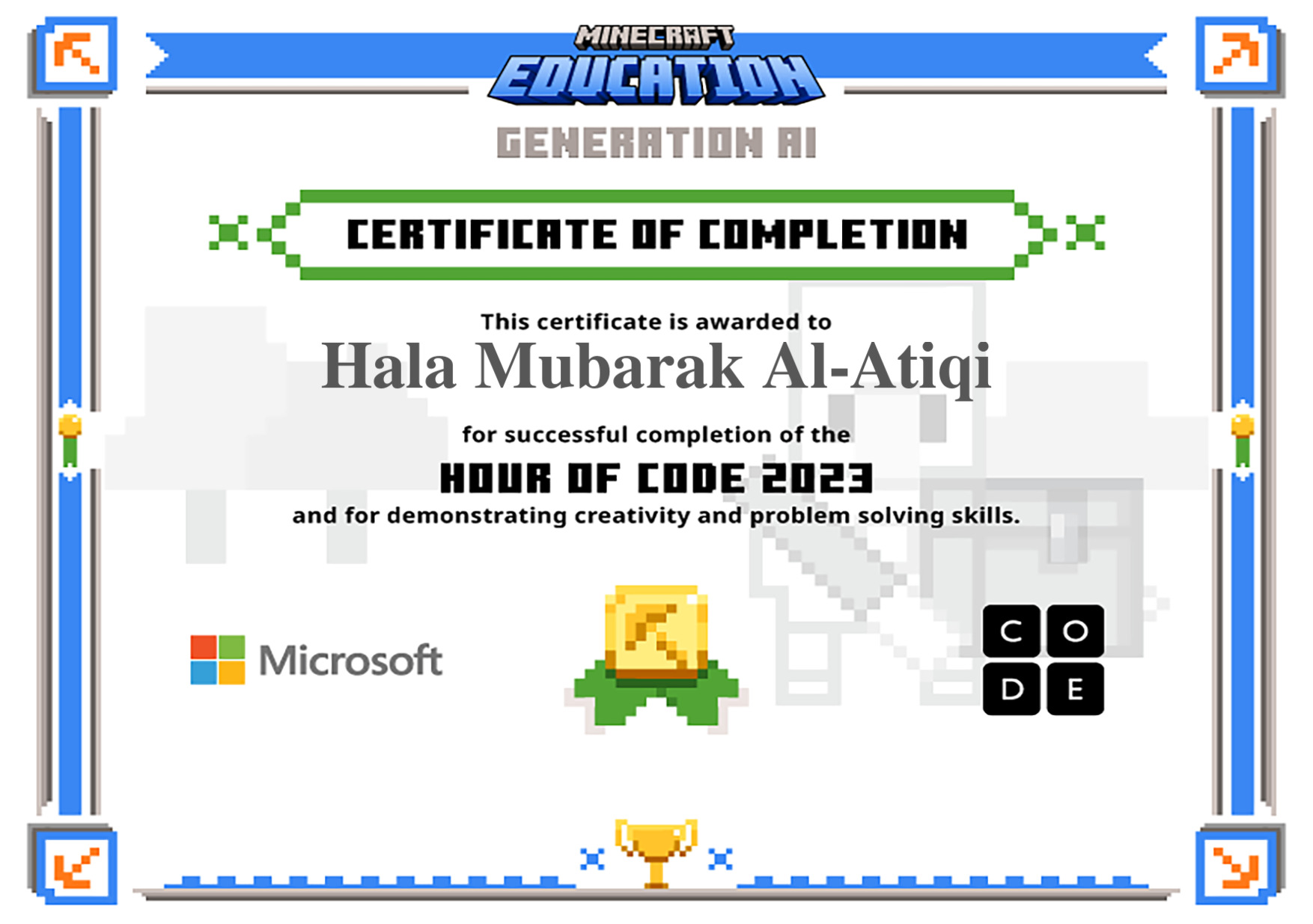 Certificate for completion of One Hour of Code - Code.org