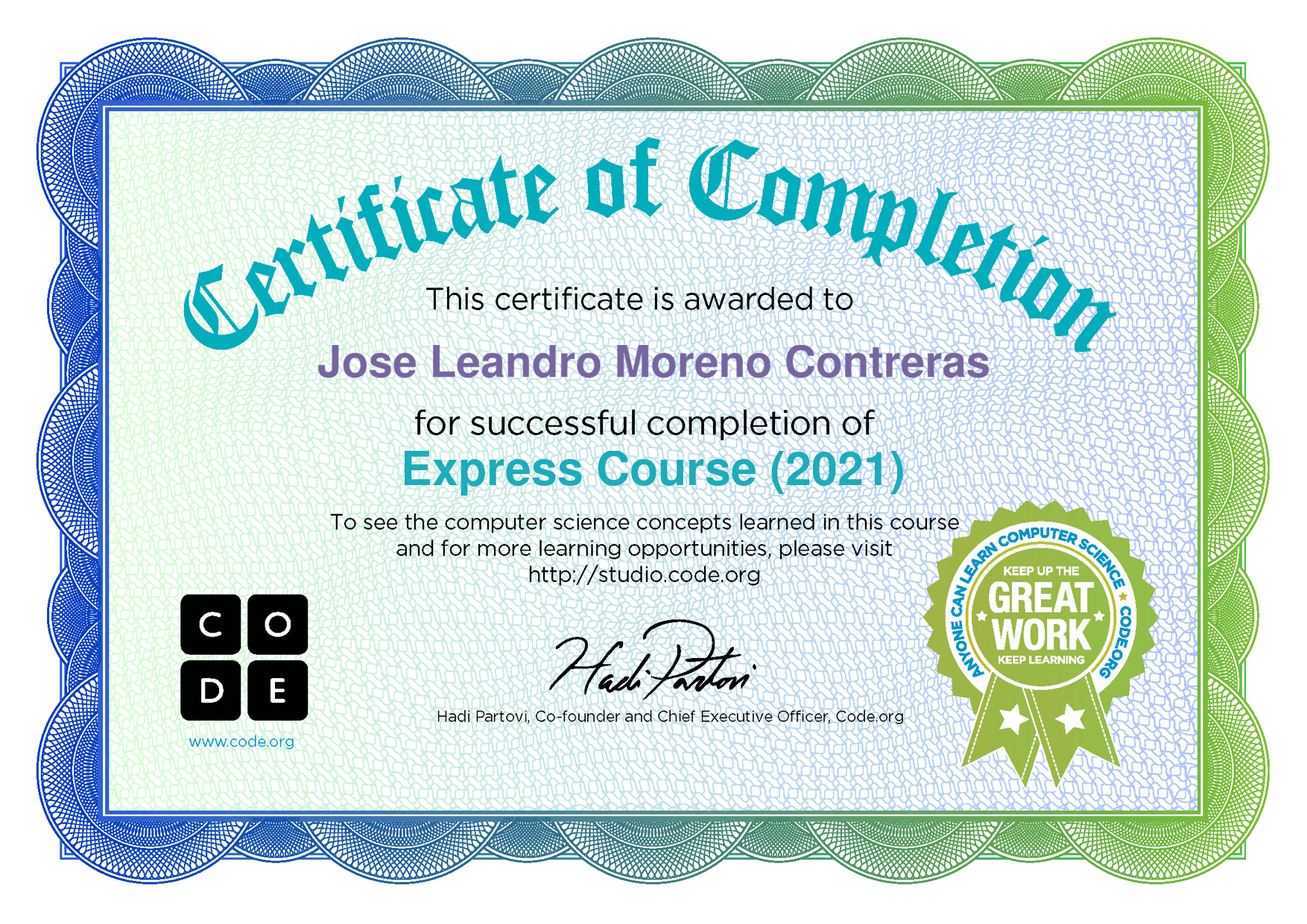Certificate for completion of Express Course (2021) - Code.org