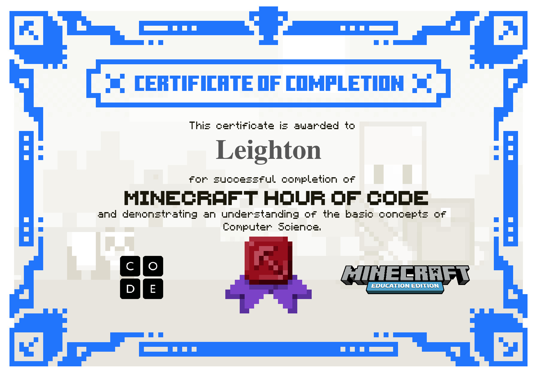 Certificate for completion of One Hour of Code - Code.org