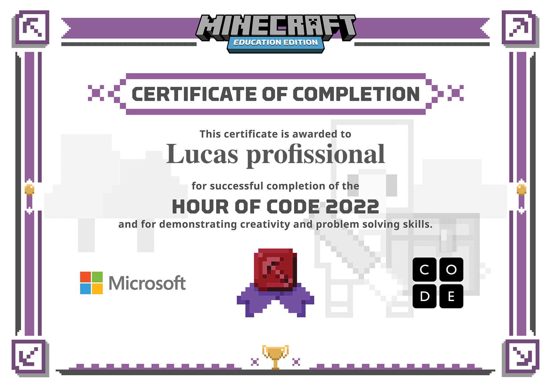 Certificate for completion of One Hour of Code - Code.org