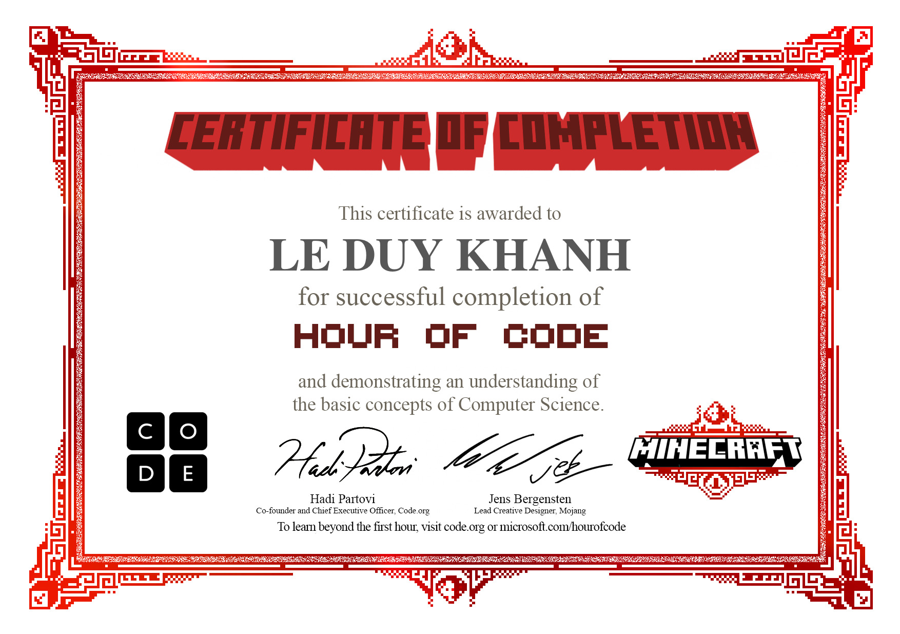 Certificate for completion of Minecraft: Hero's Journey - Code.org