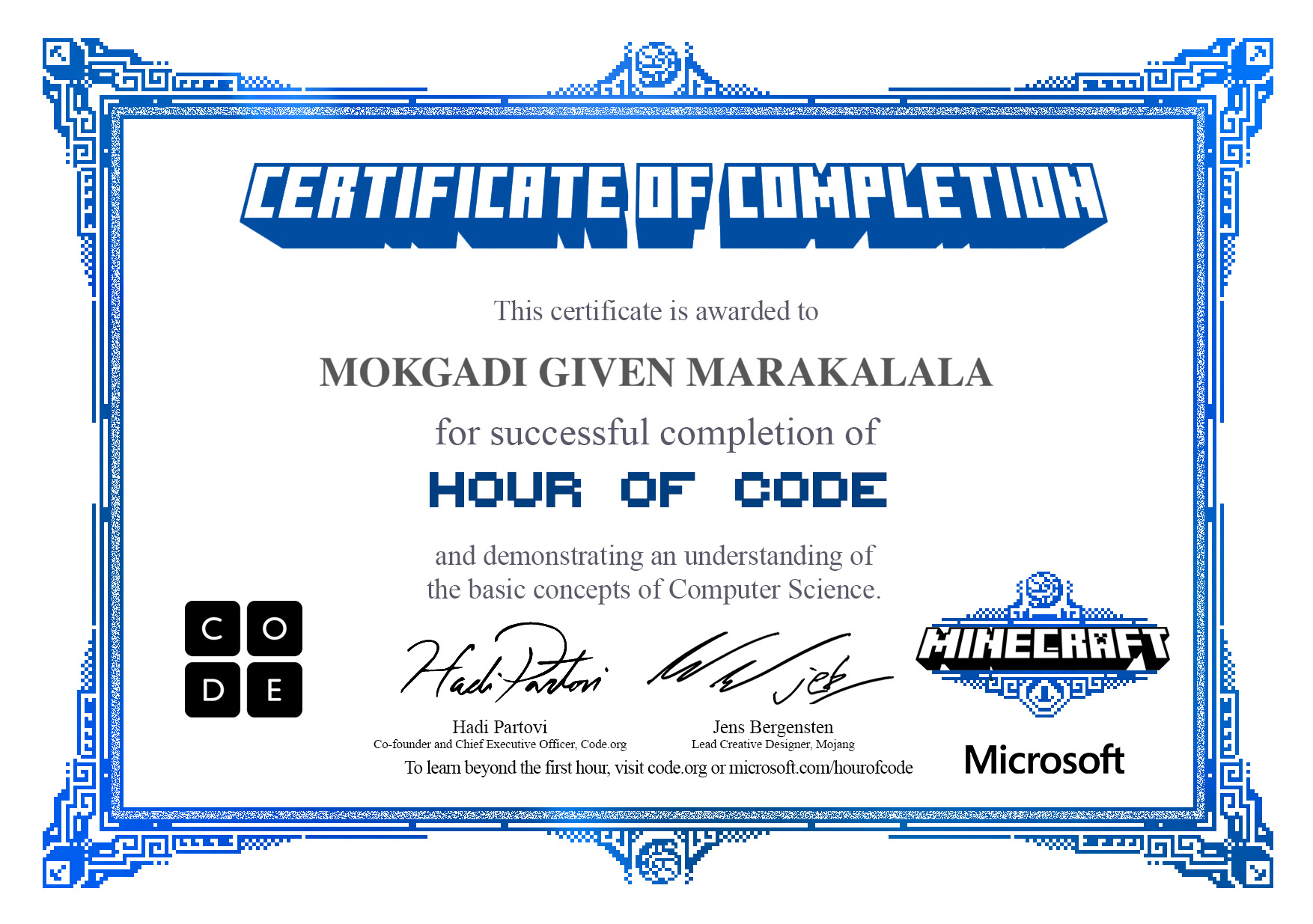 Certificate for completion of Minecraft: Voyage Aquatic - Code.org
