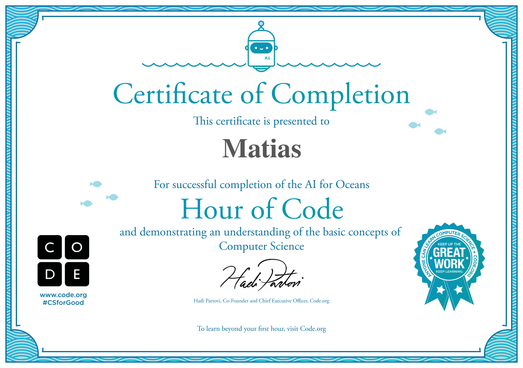 Certificate for completion of AI for Oceans - Code.org