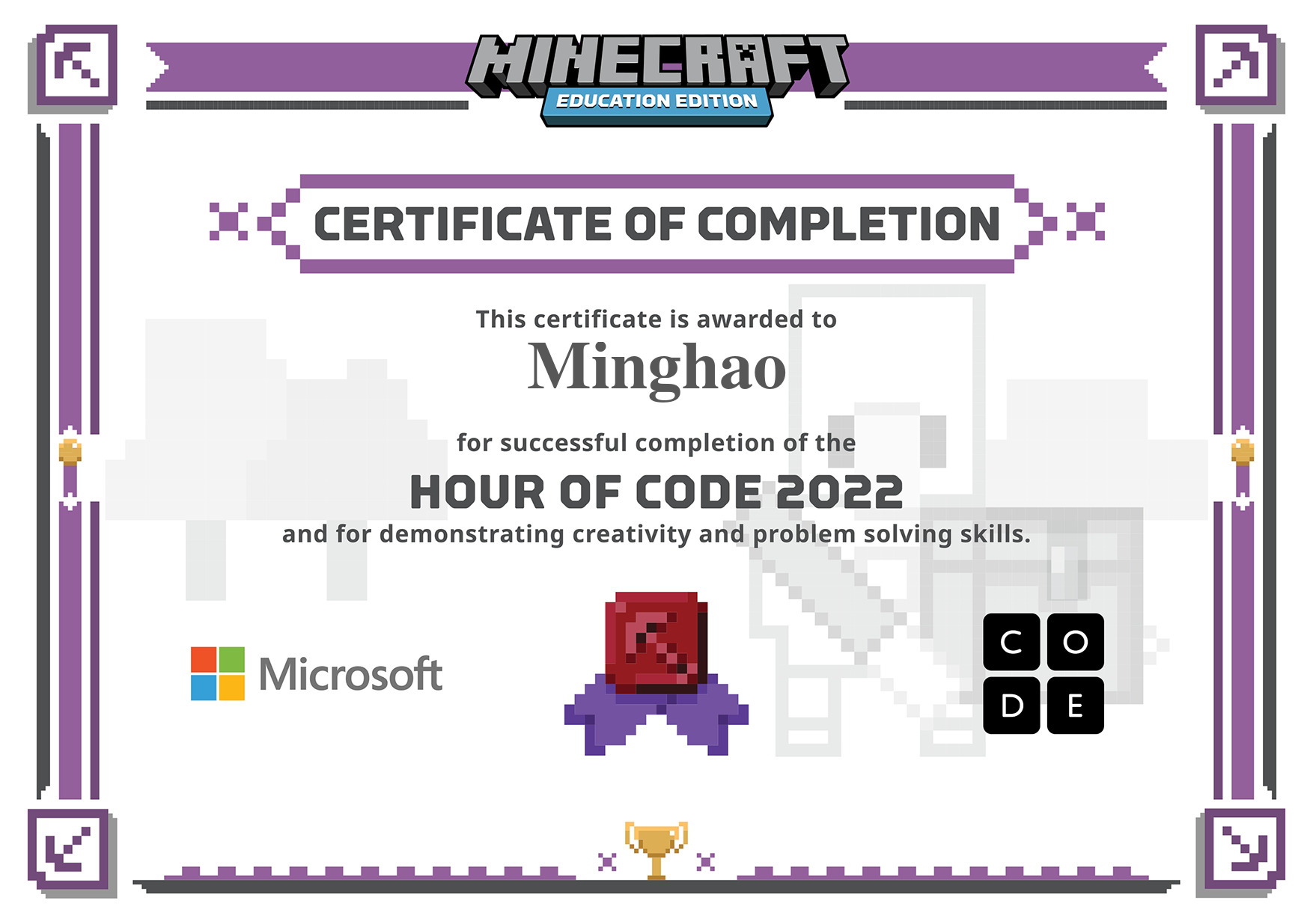 Certificate for completion of One Hour of Code - Code.org