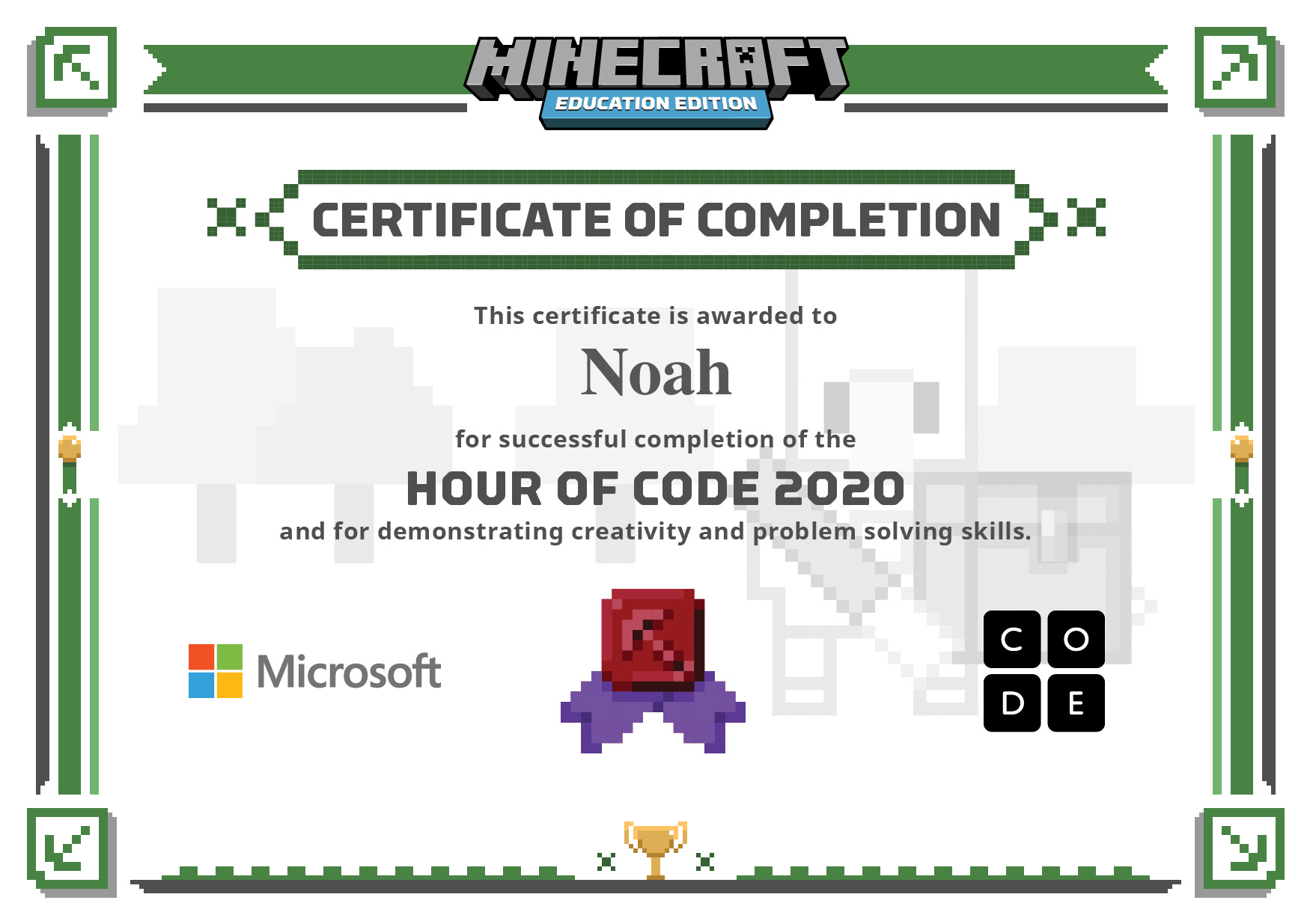 Certificate for completion of One Hour of Code - Code.org