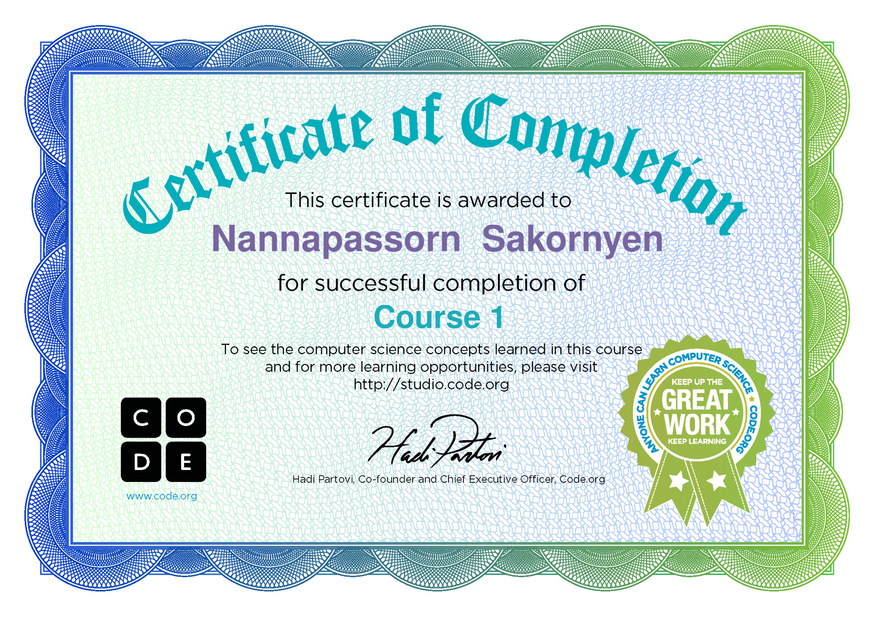Certificate for completion of Course 1 - Code.org