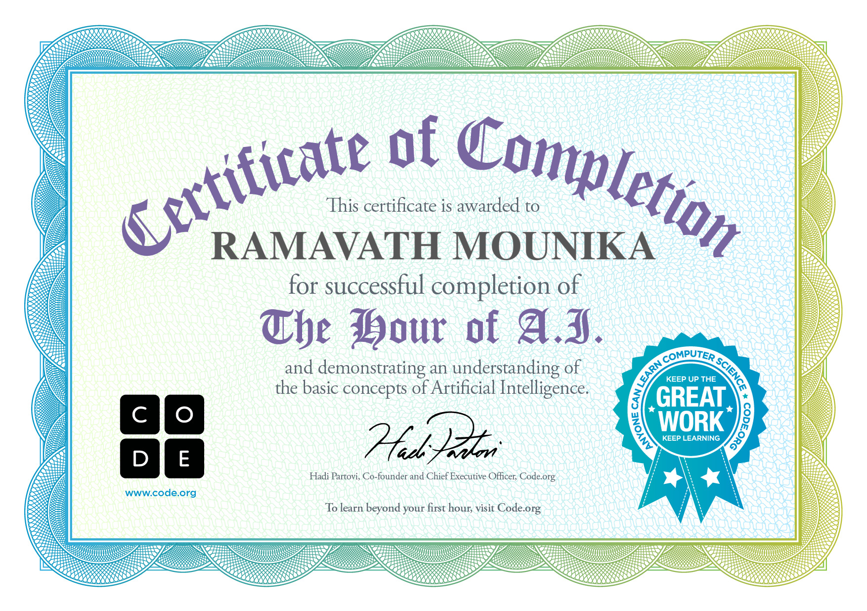 Certificate for completion of Code with Anna and Elsa - Code.org