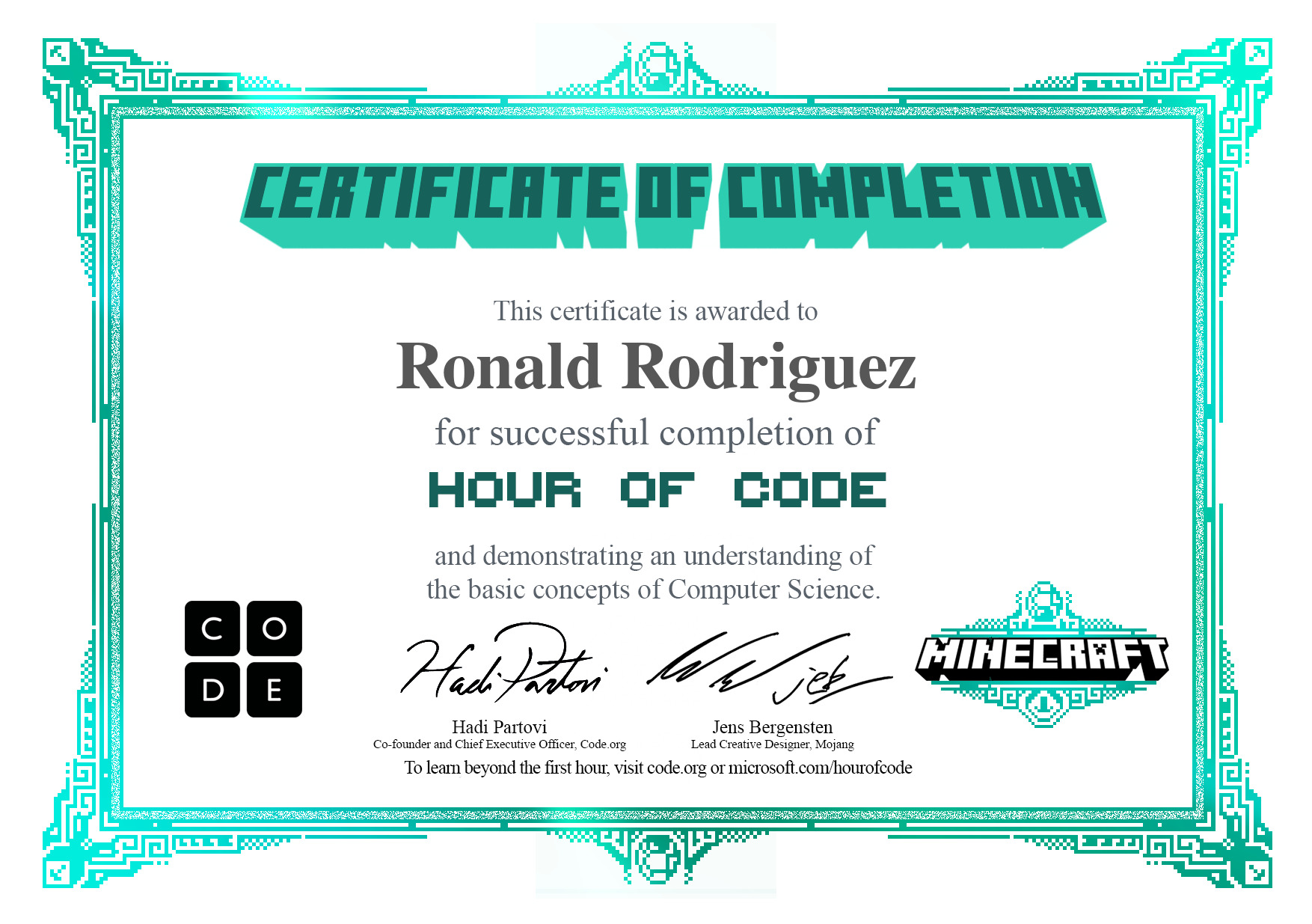 Certificate for completion of Minecraft Adventurer - Code.org