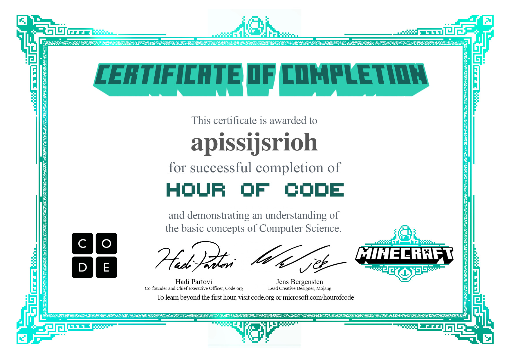 Certificate for completion of Minecraft Designer - Code.org