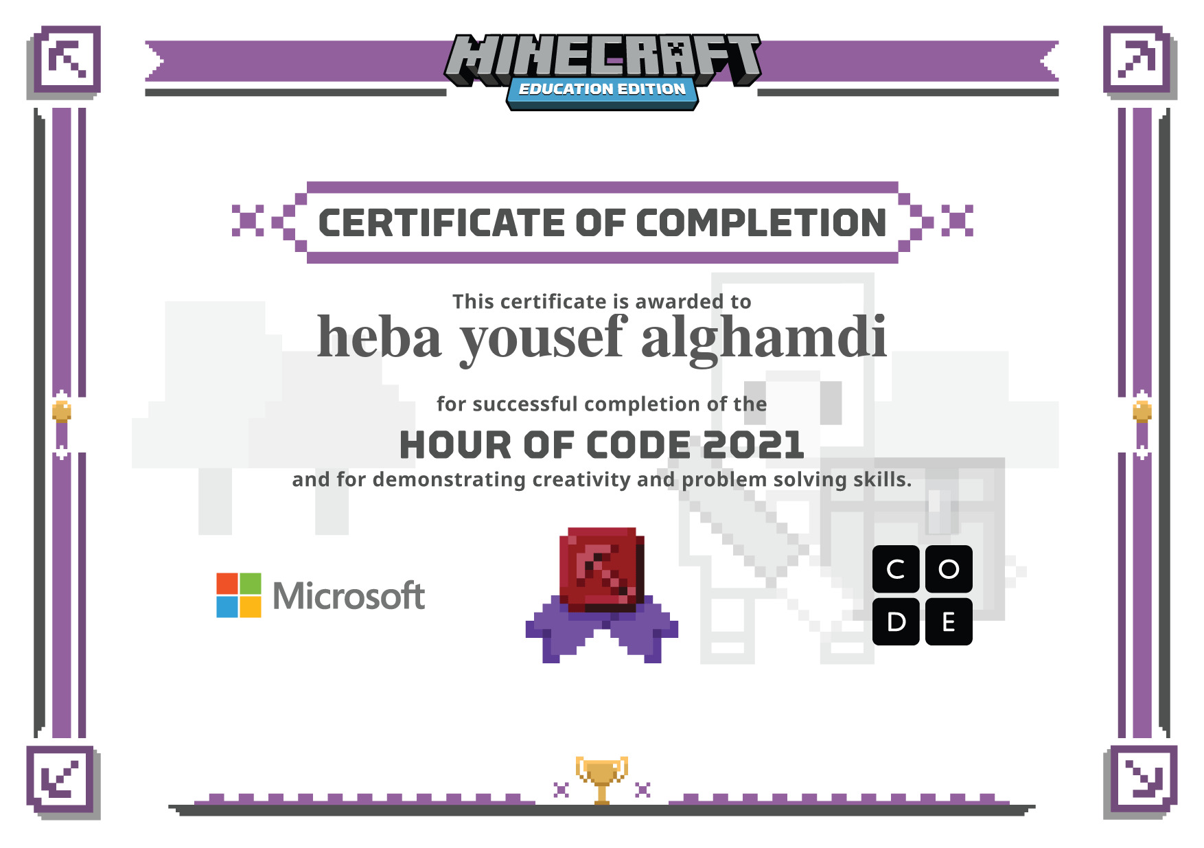Certificate for completion of One Hour of Code - Code.org