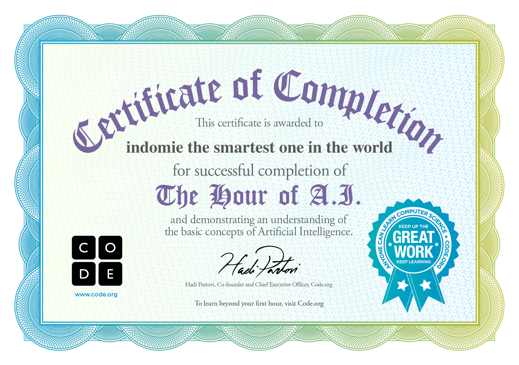 Certificate for completion of Intro to App Lab - Code.org