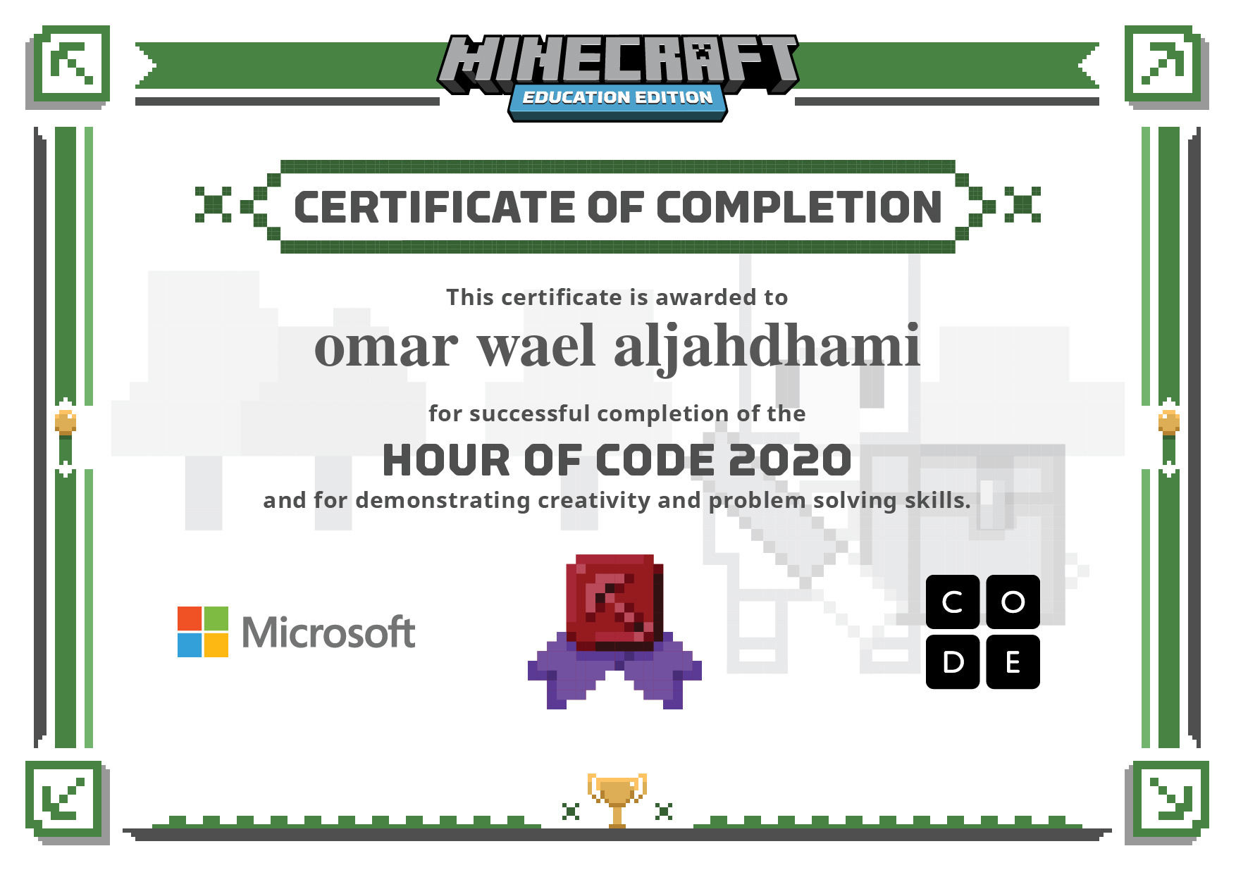 Certificate for completion of One Hour of Code - Code.org