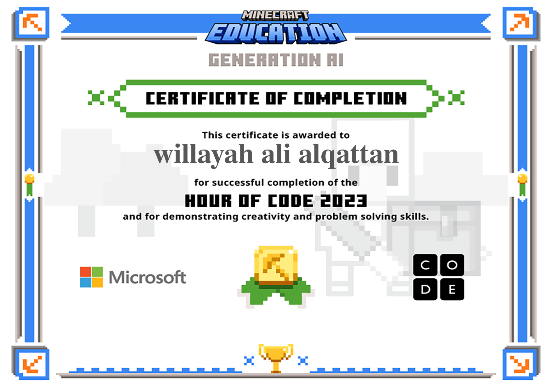 Certificate for completion of One Hour of Code - Code.org